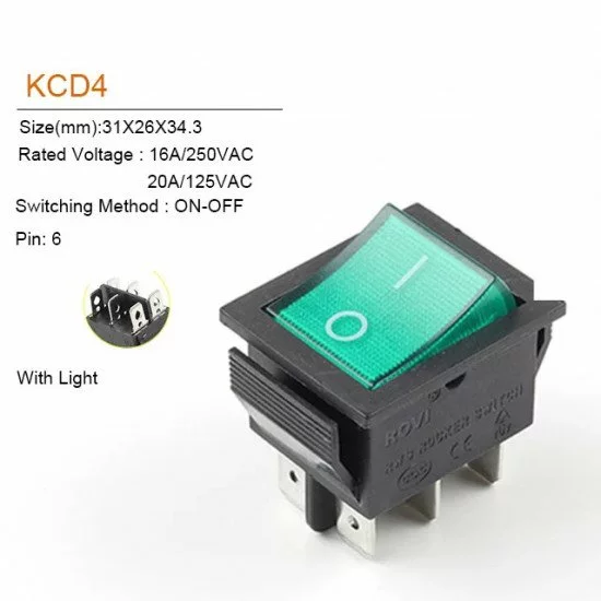 KCD4 25*31mm 16A/250V 6Pin Rocker Switch with Light Red Green or Yellow